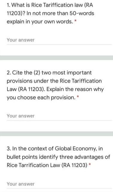 Solved 1. What is Rice Tariffication law (RA 11203)? In not | Chegg.com