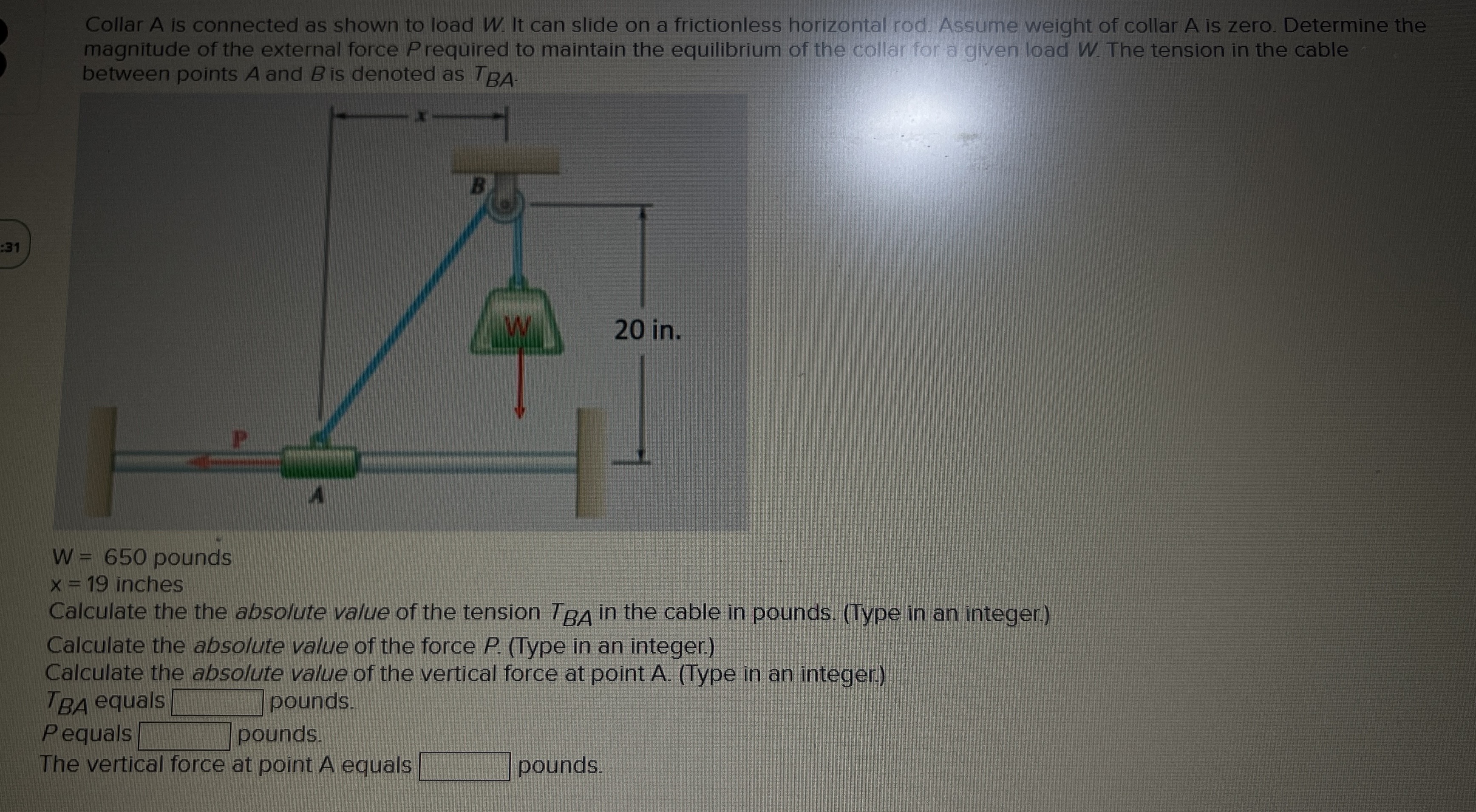 Solved Collar \( ﻿A \) ﻿is connected as shown to load \( ﻿W | Chegg.com