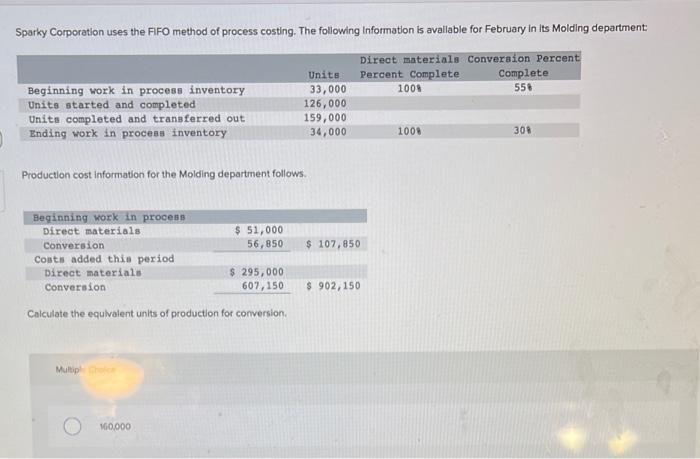 Solved Sparky Corporation uses the FIFO method of process | Chegg.com