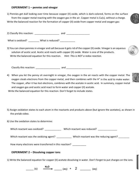 Solved EXPERIMENT 1 - pennies and vinegar 1) Pennies get | Chegg.com