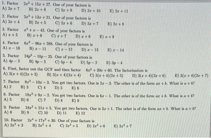 Solved 1. Factor 2x2+15x+27. One of your factors is A) 2x+7 | Chegg.com