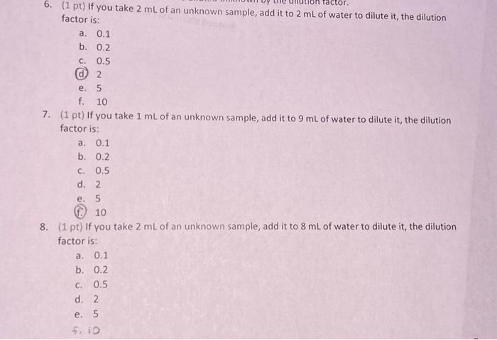 Solved 6. (1 pt) If you take 2 mL of an unknown sample, add | Chegg.com