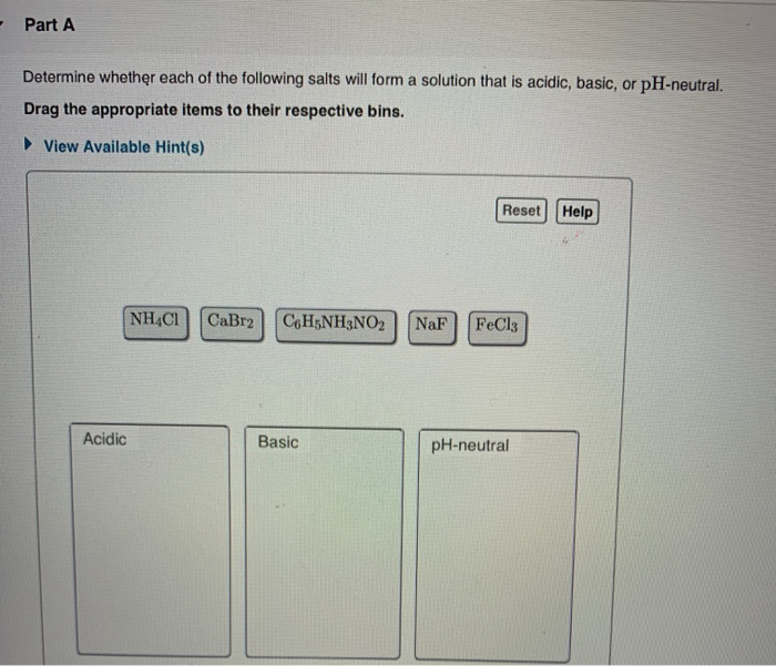 Solved Part A Determine whether each of the following salts | Chegg.com