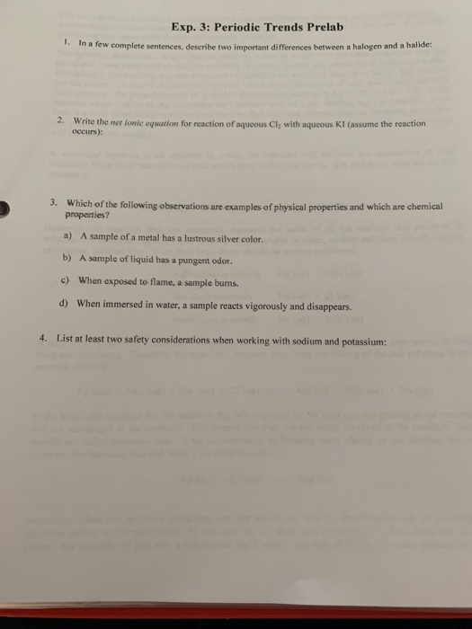 Solved Exp. 3: Periodic Trends Prelab 1. In a few complete | Chegg.com