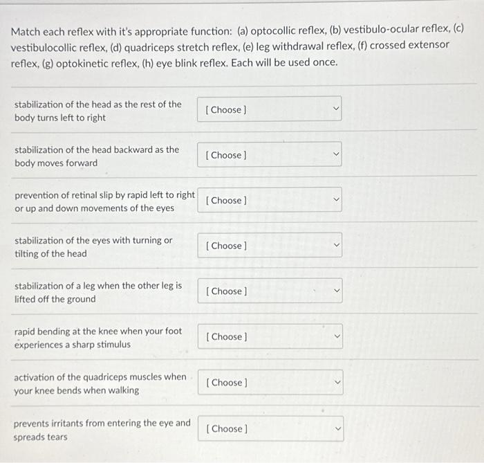 Solved Match each reflex with it's appropriate function: (a) | Chegg.com