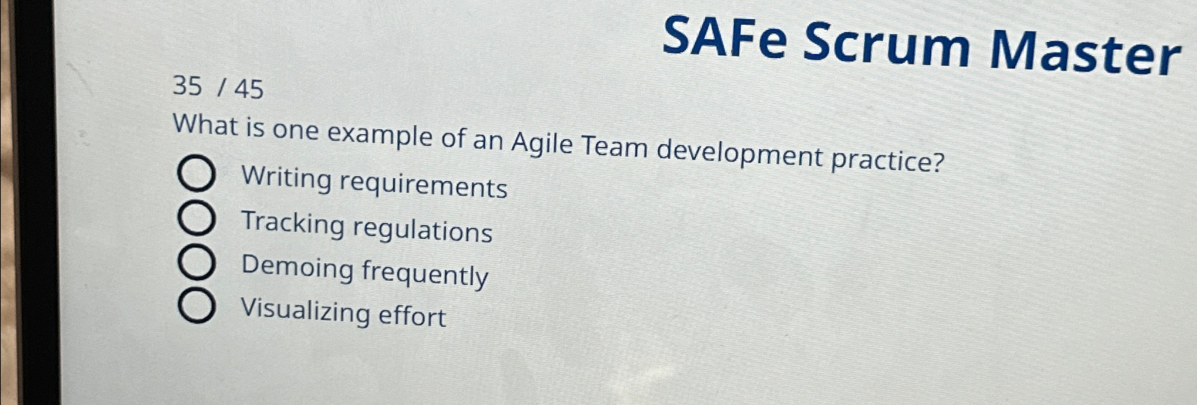Solved SAFe Scrum Master3545What is one example of an Agile | Chegg.com