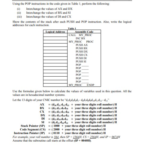 Using the POP instructions in the code given in Table | Chegg.com