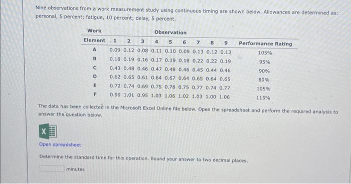 Nine observations from a work measurement study using | Chegg.com