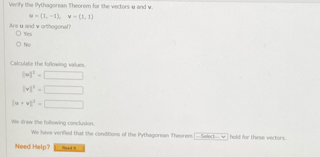 Solved Verify the Pythagorean Theorem for the vectors u ﻿and | Chegg.com