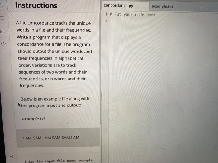 Solved Instructions + concordance.py example.txt 1 # Put | Chegg.com