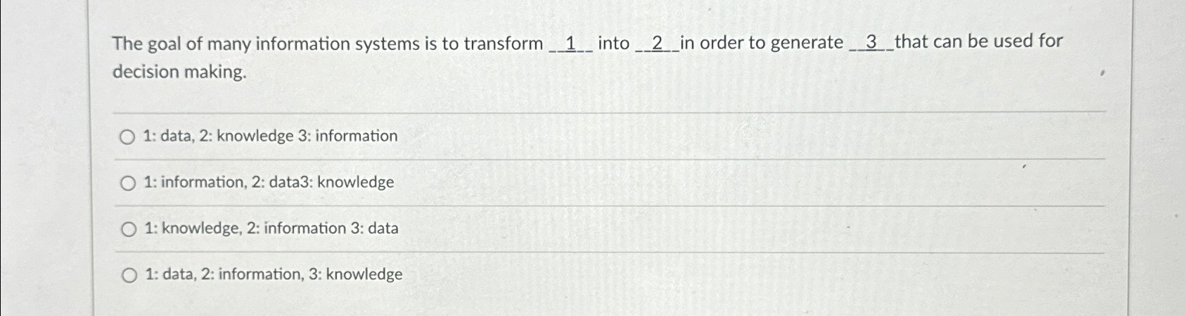Solved decision making.1: data, 2: knowledge 3: | Chegg.com
