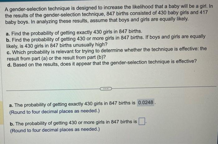 Solved A gender-selection technique is designed to increase | Chegg.com