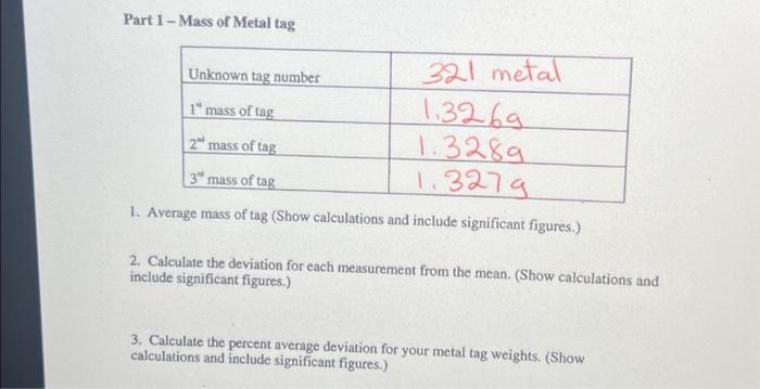 Solved 1. Average mass of tag (Show calculations and include | Chegg.com