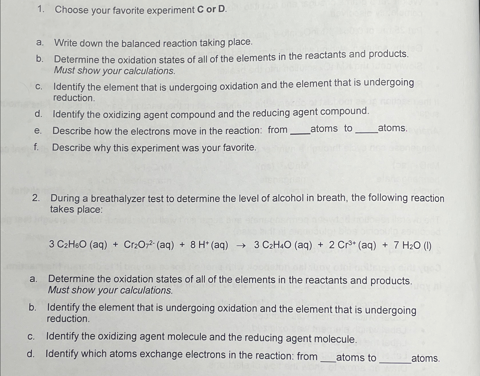 Choose your favorite experiment C ﻿or D.a. ﻿Write | Chegg.com