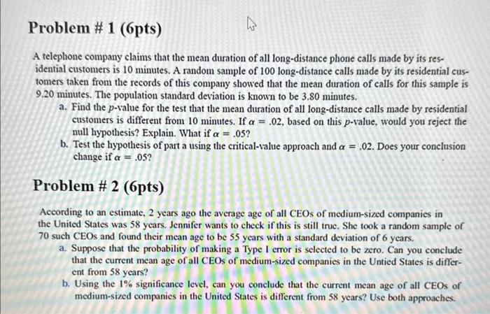 Solved A telephone company claims that the mean duration of | Chegg.com