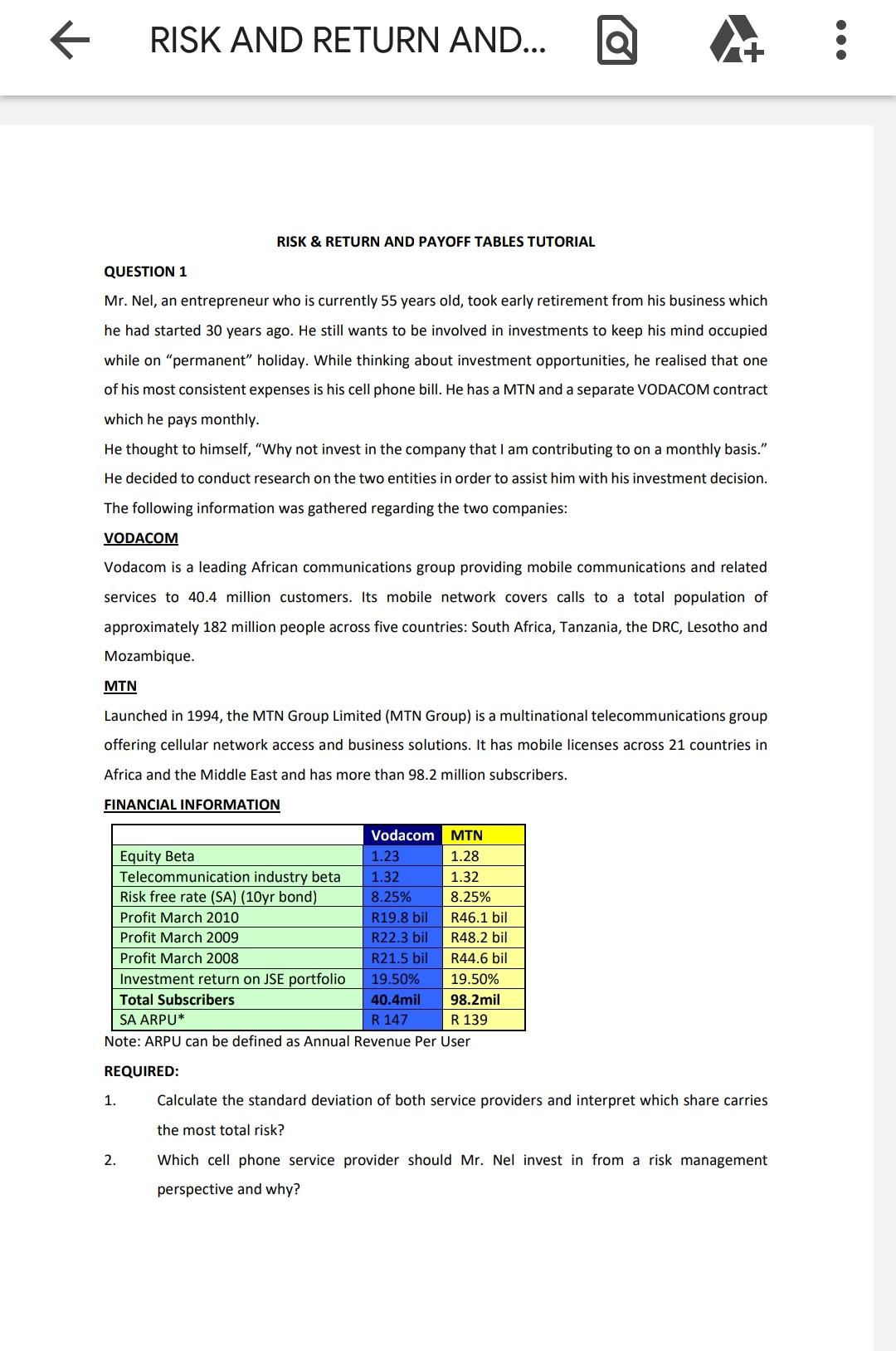 Solved RISK \& RETURN AND PAYOFF TABLES TUTORIAL QUESTION 1 | Chegg.com