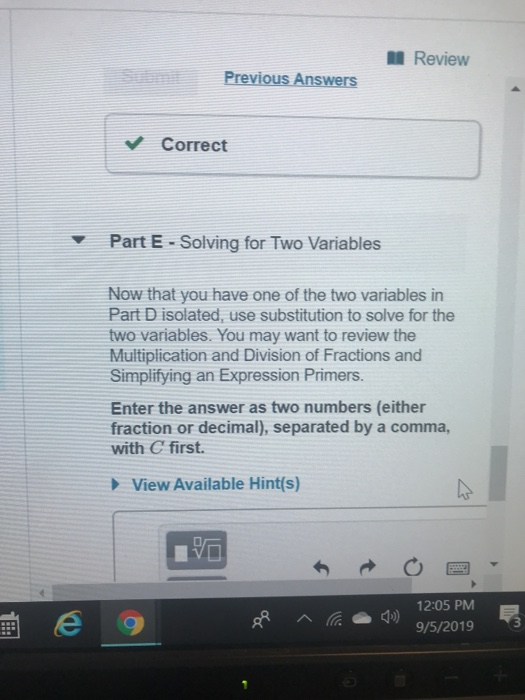 Review Previous Answers Correct Part E Solving For 