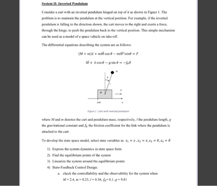 System II: Inverted Pendulum Consider a cart with an | Chegg.com