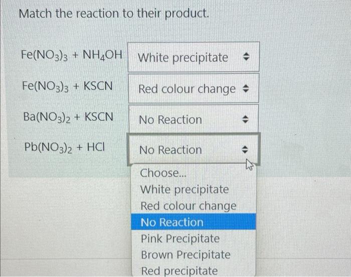 Solved Match the reaction to their product. Fe(NO3)3 + NH4OH | Chegg.com