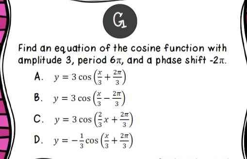Solved Find an equation of the cosine function with | Chegg.com
