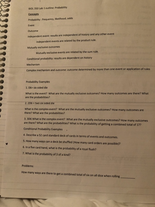 Solved BIOL 350 Lab 1 outline: Probability Concepts | Chegg.com