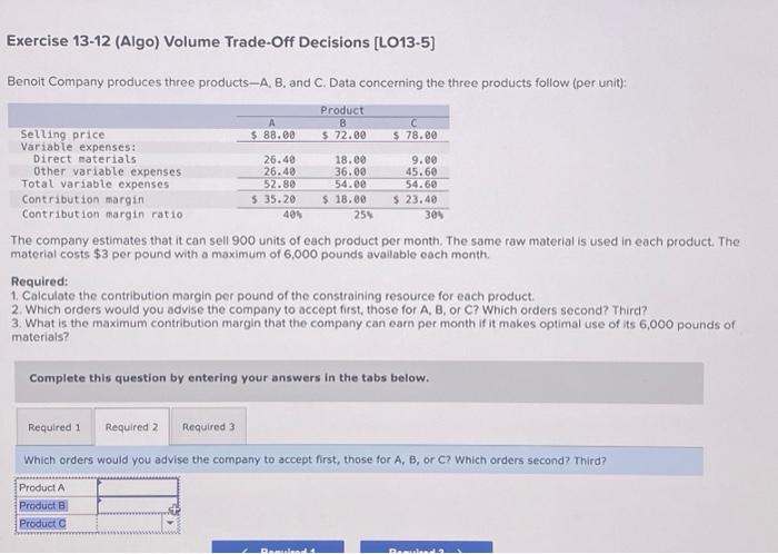 Solved Exercise 13-12 (Algo) Volume Trade-Off Decisions | Chegg.com