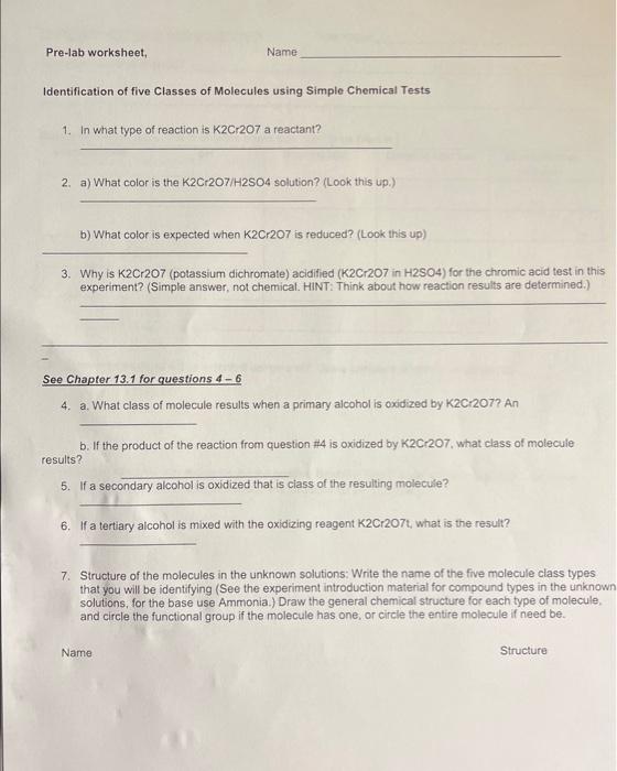 Solved Pre-lab worksheet, Name Identification of five | Chegg.com