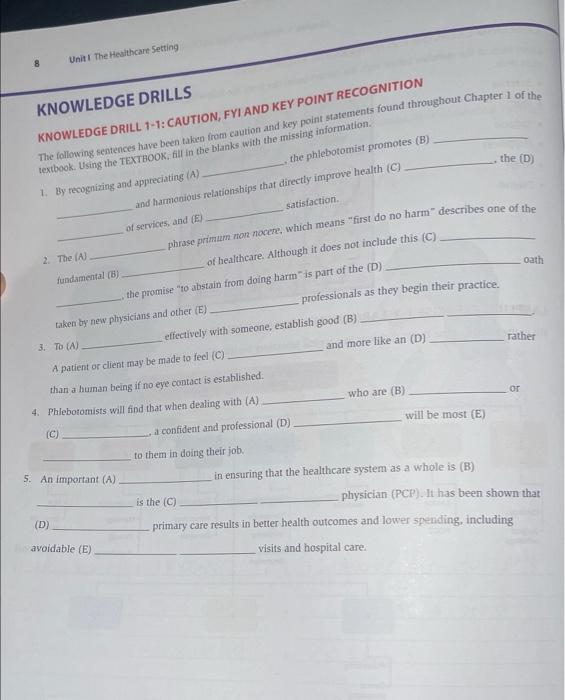 Solved 8 Unit I The Healthcare Setting KNOWLEDGE DRILLS | Chegg.com