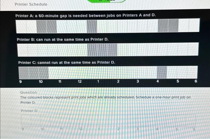 Solved Printer Schedule Printer A: a 60-minute gap is needed | Chegg.com