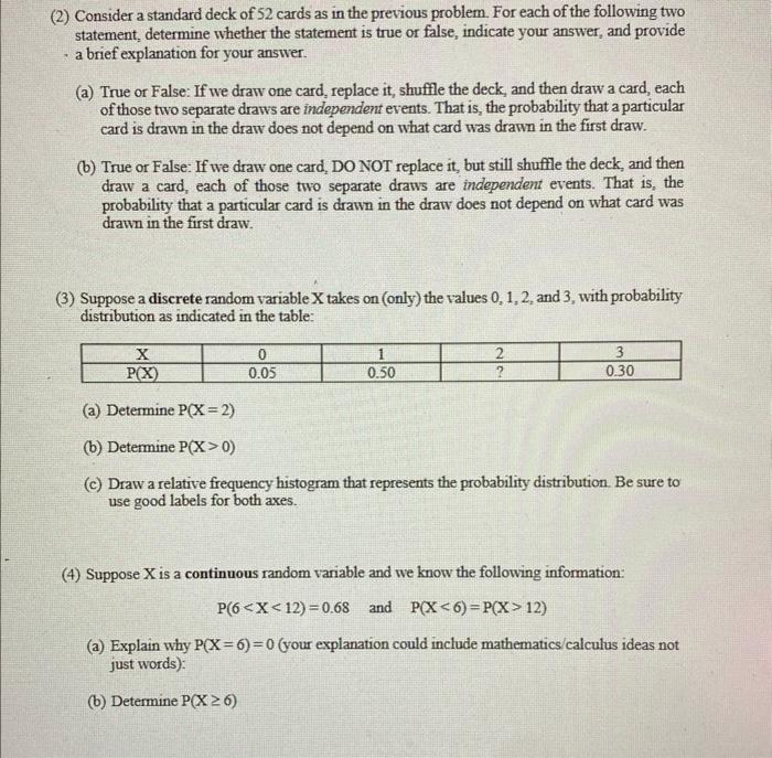 Solved (2) Consider a standard deck of 52 cards as in the | Chegg.com