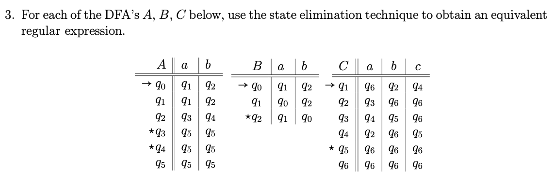 Solved For each of the DFA's A,B,C ﻿below, use the state | Chegg.com