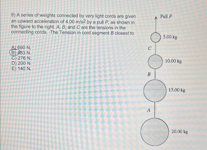 Solved 9) A series of weights connected by very light cords | Chegg.com