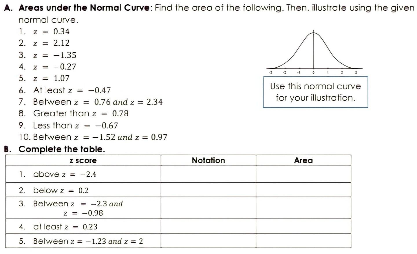 Solved A. Areas under the Normal Curve: Find the area of the | Chegg.com