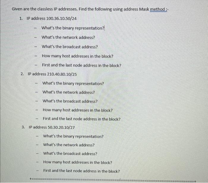 Solved Given are the classless IP addresses. Find the | Chegg.com