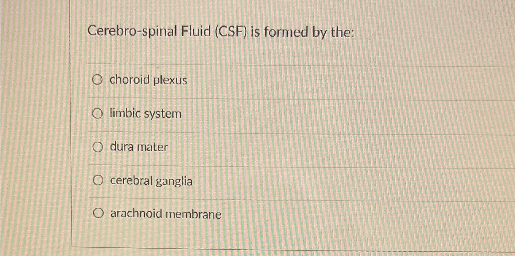 Solved Cerebro-spinal Fluid (CSF) ﻿is formed by the:choroid | Chegg.com