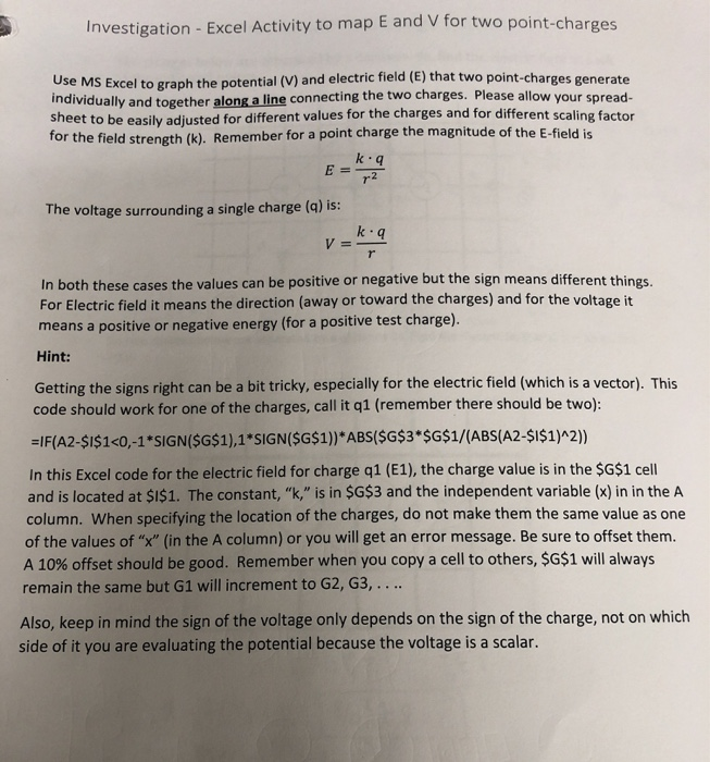 Investigation - Excel Activity to map E and V for two | Chegg.com Investigation - Excel Activity to map E and V for two | Chegg.com