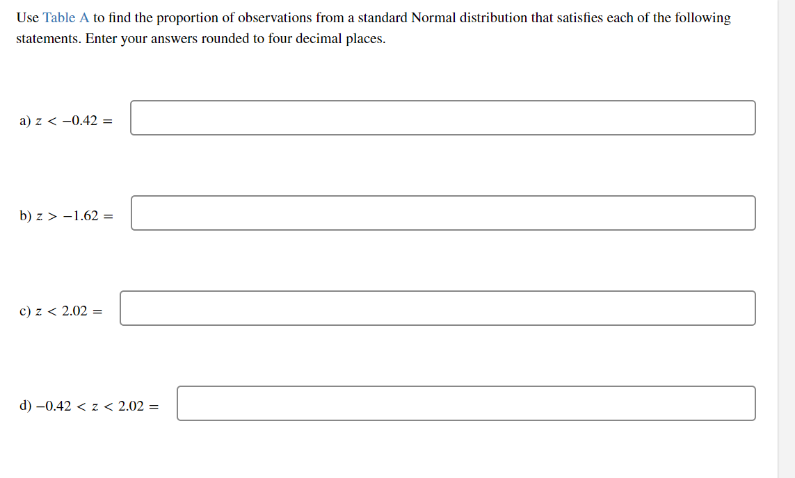 Solved Use Table A to find the proportion of observations | Chegg.com
