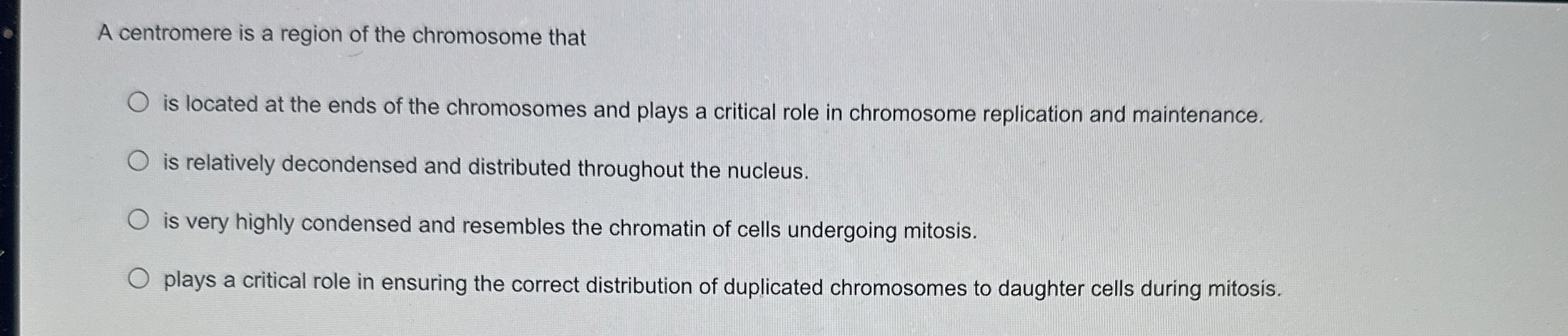 Solved A centromere is a region of the chromosome thatis | Chegg.com