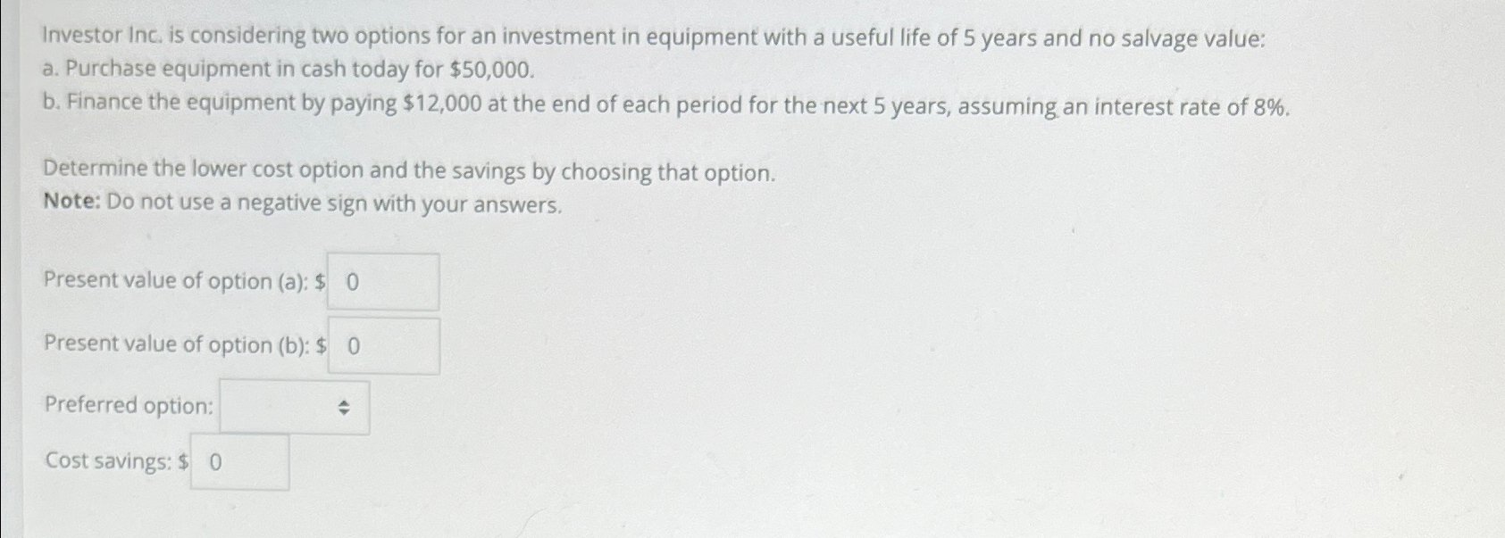 Solved Investor Inc. is considering two options for an | Chegg.com