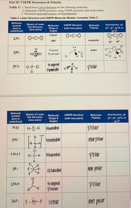 Solved Part II: VSEPR Structures \& Polarity Table 3: 1. | Chegg.com