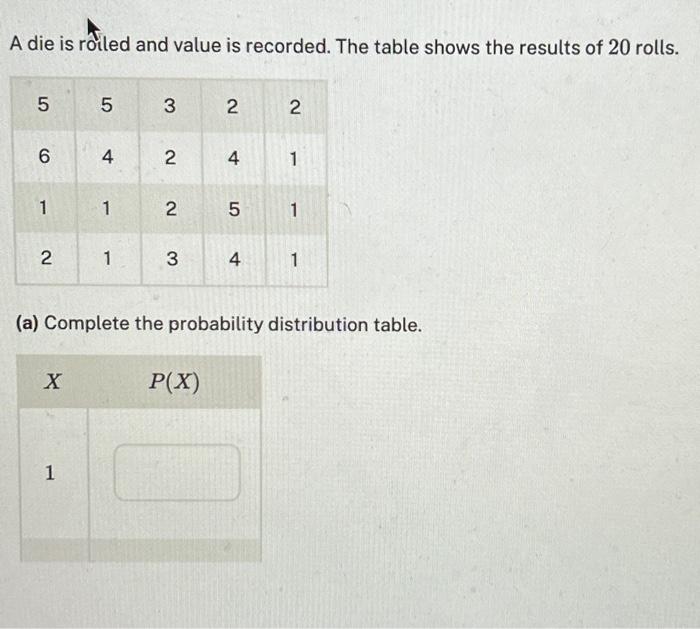 P(X=2 or X=5)=A die is roiled and value is recorded. | Chegg.com