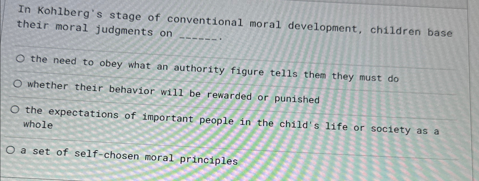 Solved In Kohlberg's stage of conventional moral | Chegg.com