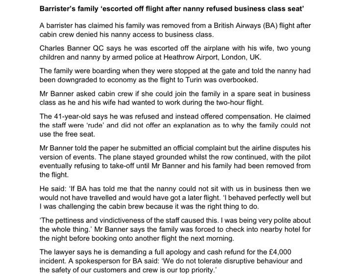 Solved Barrister's family escorted off flight after nanny | Chegg.com
