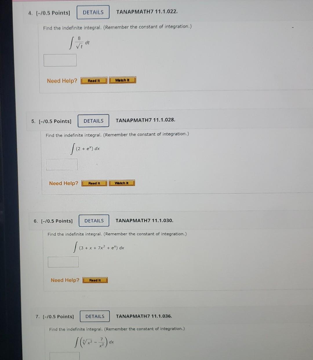 Solved -/0.5 Points] TANAPMATH7 11.1.022. Find the | Chegg.com