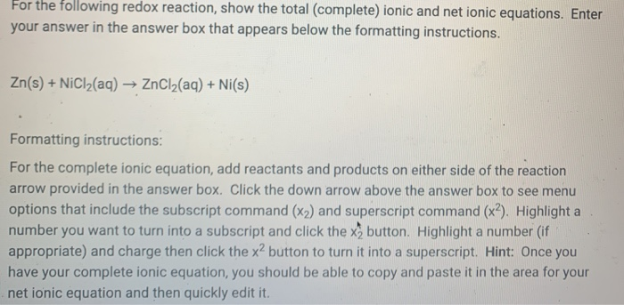 Solved For the following redox reaction, show the total | Chegg.com