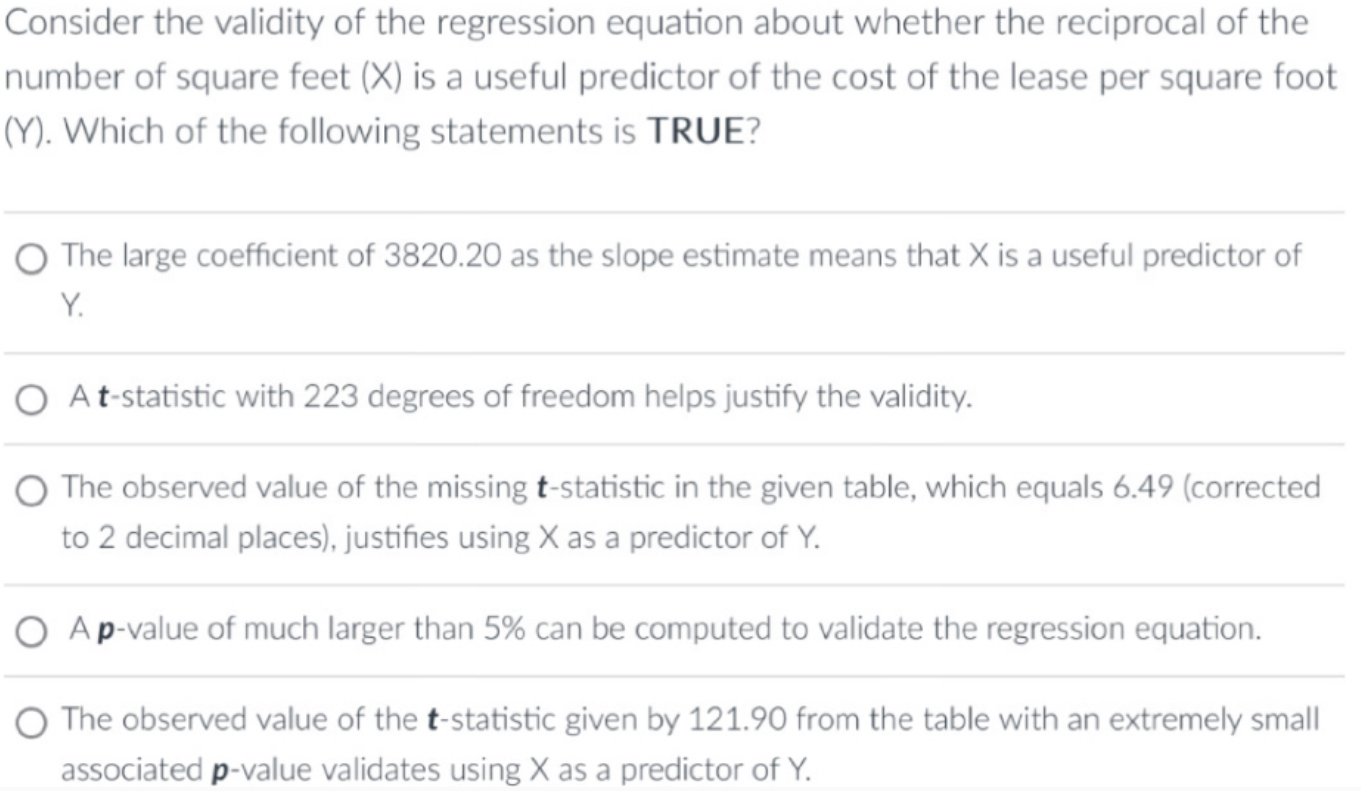 Solved Consider the validity of the regression equation | Chegg.com