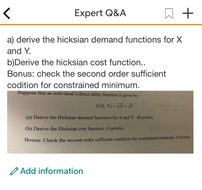 Solved Expert Q&A D + a) derive the hicksian demand | Chegg.com
