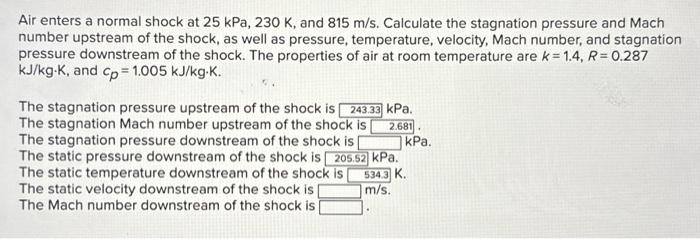 Solved Air enters a normal shock at 25kPa,230 K, and 815 | Chegg.com