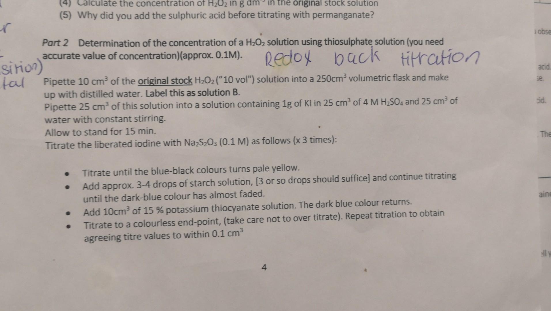 Solved 1 obse Redox back titration acid Calculate the | Chegg.com