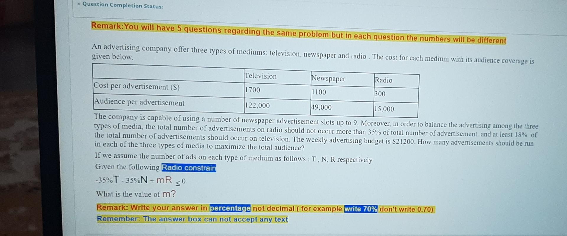 Solved Question Completion Status: Remark:You will have 5 | Chegg.com